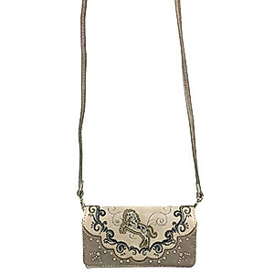 Zelris Western Mustang Horse Turquoise Embroidery Conceal Carry Women Hobo Purse (Beige)