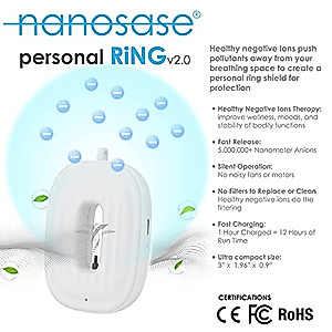 Nanosase ring personal air purifier necklace mini ionic wearable for Kids, Adults, healthy negative ion therapy, filterless mobile air ionizer by igozen. (White + Black, 2 Pack)
