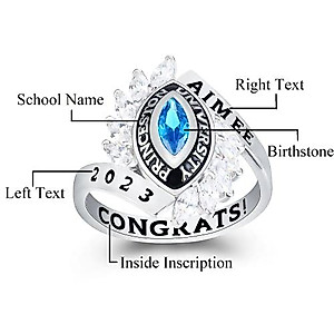JNJ Women's Class Ring, personalized for high school and college graduates, Sterling Silver, Birthstone, Original design, Marquise Styles-Jour Nouveau Jewelry (Platinum)