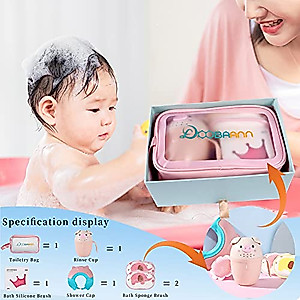 DOOBAANN Baby Bath Set,Silicone Bath Brush,Baby Shower Cap,Bath Rinse Cup,Baby Bath Sponge(Pink)