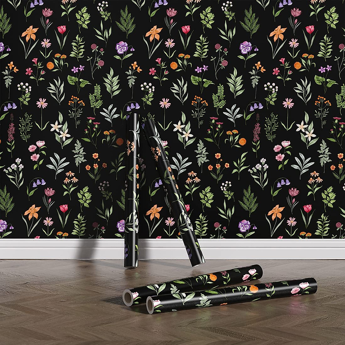 Self Adhesive Dark Floral Shelf Drawer Liner Contact Paper Farmhouse Wallpaper for Walls Kitchen Cabinets Dresser Table Bathroom Bedromm Furniture Decal 17.7X117 Inches