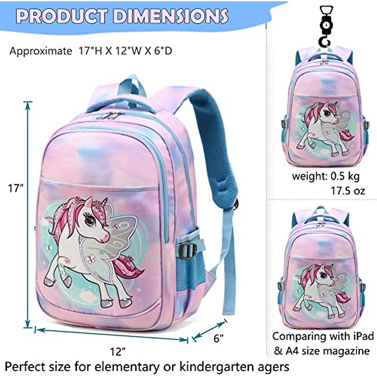 BLUEFAIRY Unicorn Backpack for Girls Elementary School Bags for Kindergarten Primary Book Bag Lightweight Bookbags for Kids Back to School Travel Gifts 17 Inch