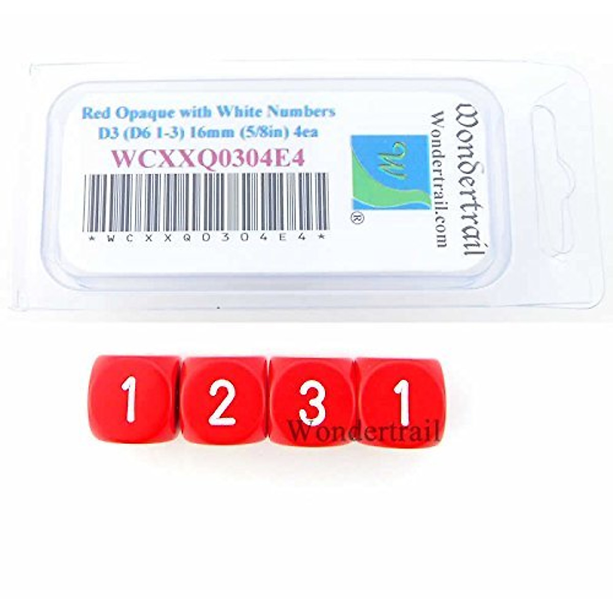 Wondertrail Red Opaque Dice with White Numbers D3 (D6 1-3 Twice) 16mm (5/8in) Pack of 4