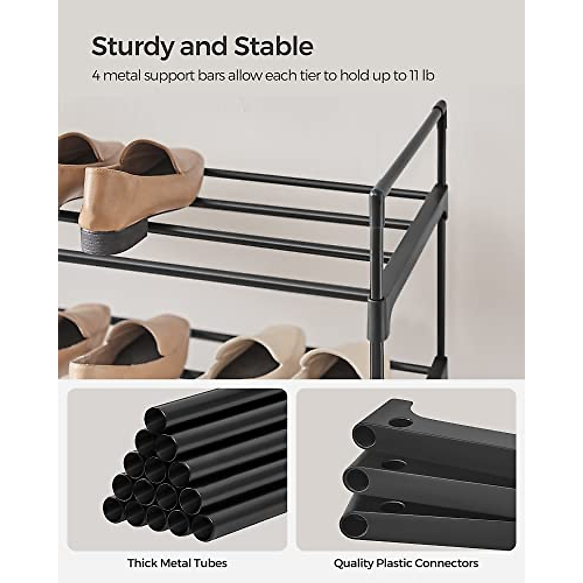 SONGMICS Shoe Rack, 4 Tier Shoe Organizer, Metal Shoe Storage Shelf for 20 Pairs of Shoes, Easy to Assemble, Entryway, Black ULSA14BK