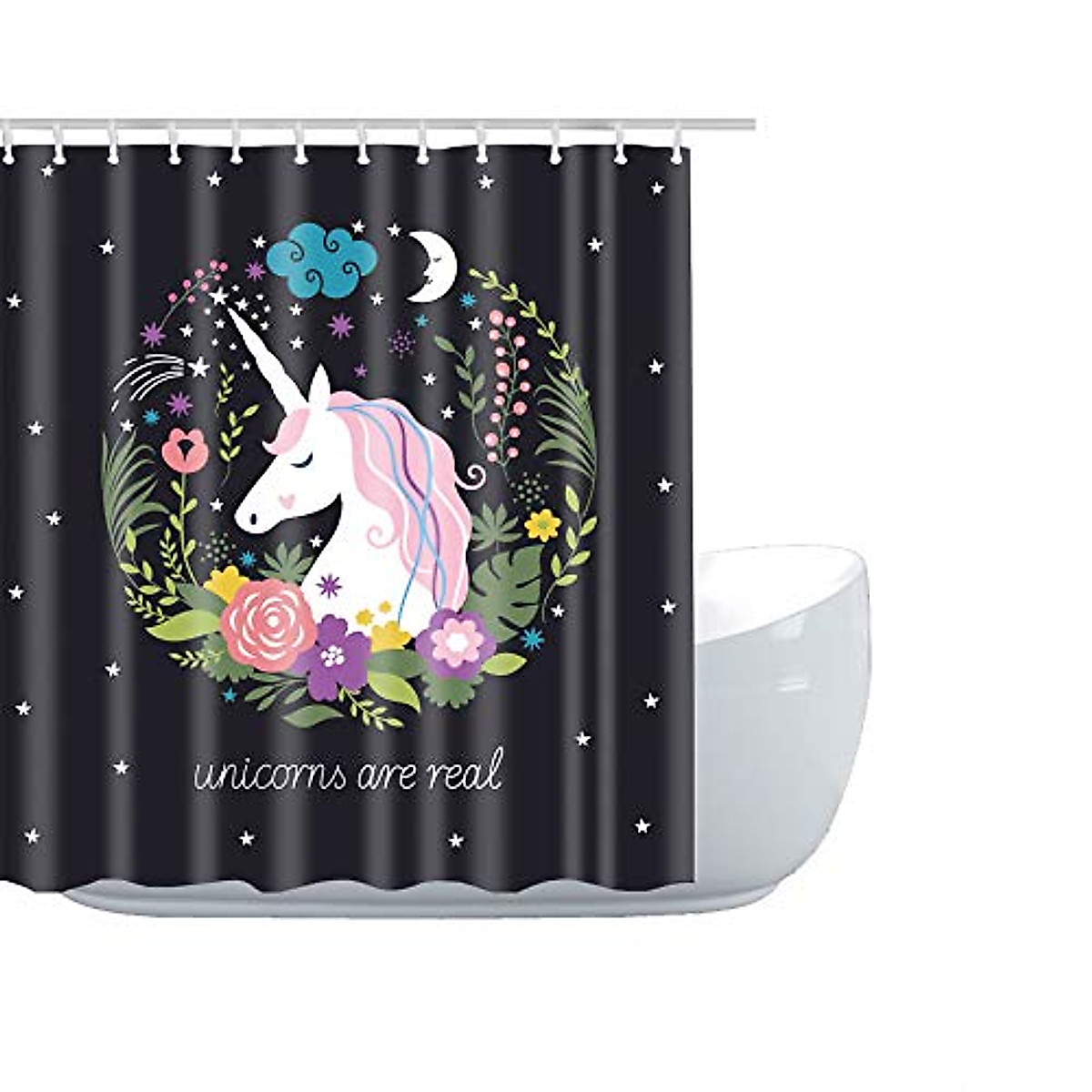 Amagical Unicorns are Real Pattern 16 Piece Bathroom Mat Set Shower Curtain Set Bath Mat Contour Mat Toilet Cover Fabric Shower Curtain with 12 Hooks Black (16)