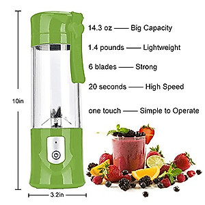 Portable Blender,Mini Personal Size Blenders for Smoothies and Shakes,USB Rechargeable Travel Juicer Cup Electric Fruit Juice Mixer with 6 Updated Blades for Travel, Sports, Kitchen,13.5Oz (Green)