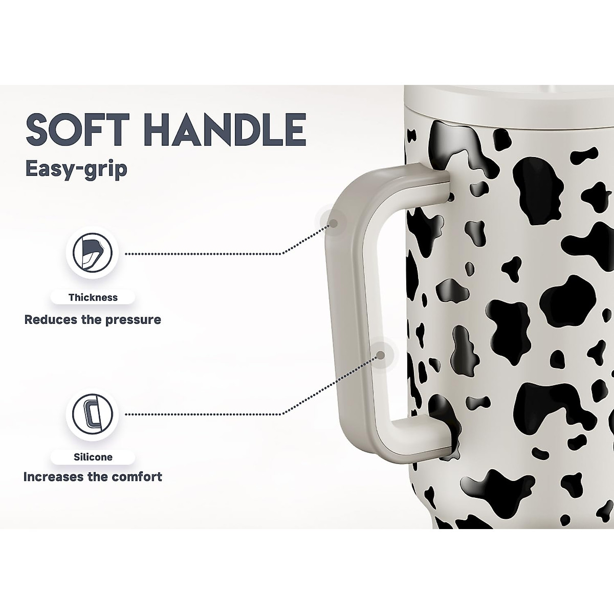 Meoky 40 oz Tumbler with Handle and Straw, Tumbler with Lid and Straw, Insulated Stainless Steel Travel Mug, 100% Leak-proof, Keeps Cold for 34 Hours or Hot for 10 Hours (Cow)