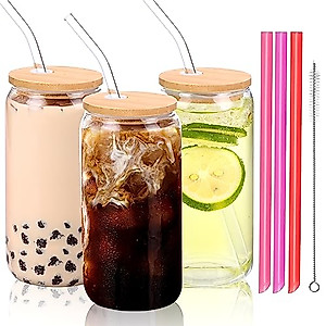 Moretoes 3pcs 16oz Glass Cups with Lids and Straws, Glass Iced Coffee Cups Drinking Glasses Set, Cute Tumbler Cup Boba Bottle for Jumbo Smoothie, Bubble Tea, Cold Brew,Soda, Juice