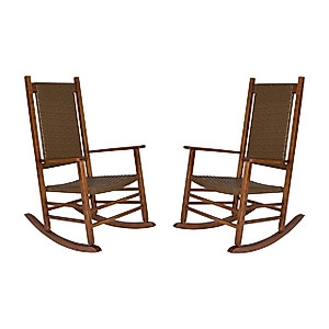Shine Company Set of 2 Hampton Porch Rockers, High Back Wood Rocking Chairs, Rattan Backrest & Seat, 2-Pack, Oak