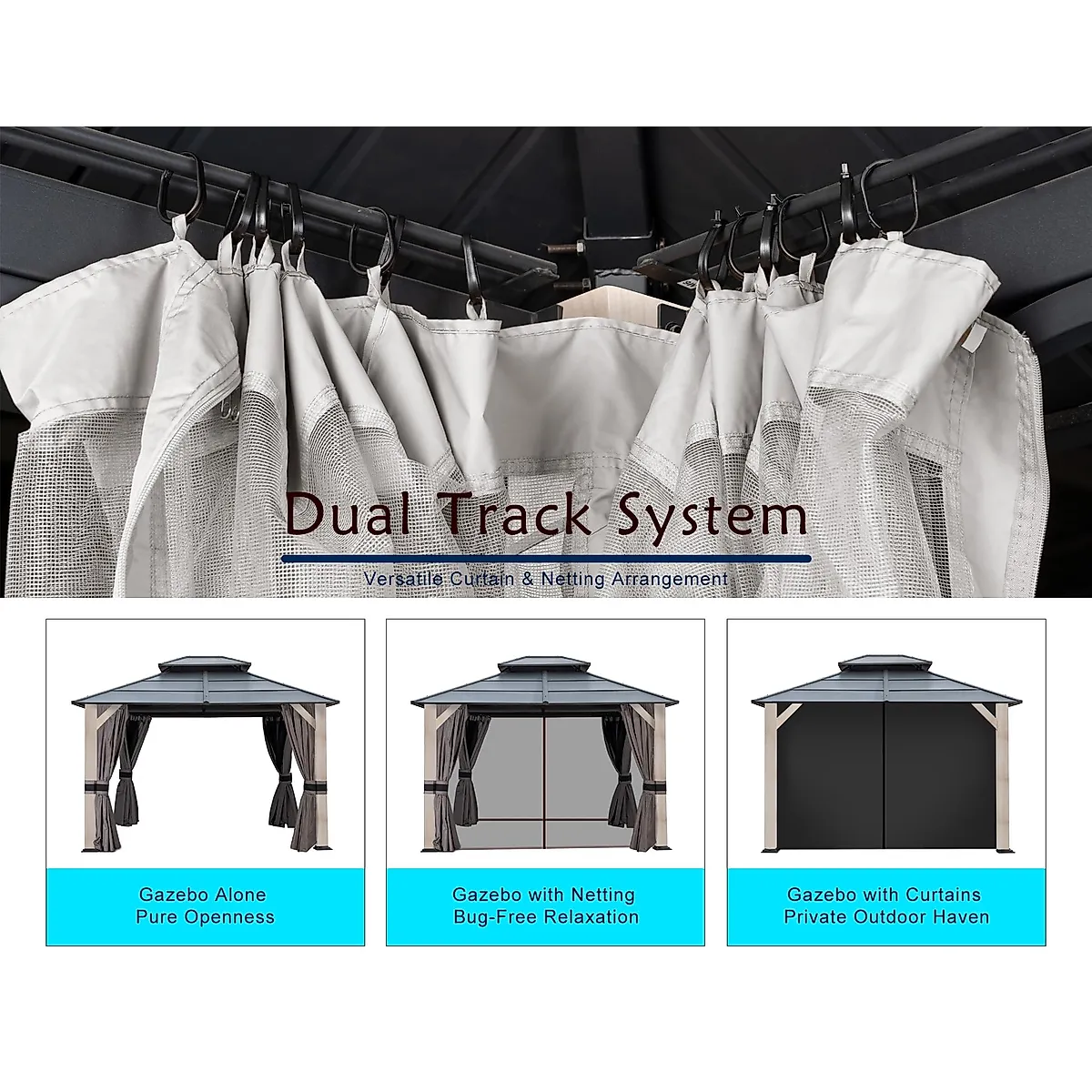 Hofzelt 10' x 12' Hardtop Gazebo, Heavy-Duty Aluminum Frame with Iron Roof, Featuring White Wood Grain Heat Transfer Pillars, Inclusive of Mosquito Netting and Privacy Sidewalls