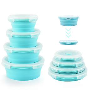 Collapsible Bowls For Camping Rv Storage and Organization ideas Accessories, Set of 4 Round Silicone Food Storage Containers with Lids, Camper Kitchen Essentials for Travel Trailers Inside, Blue