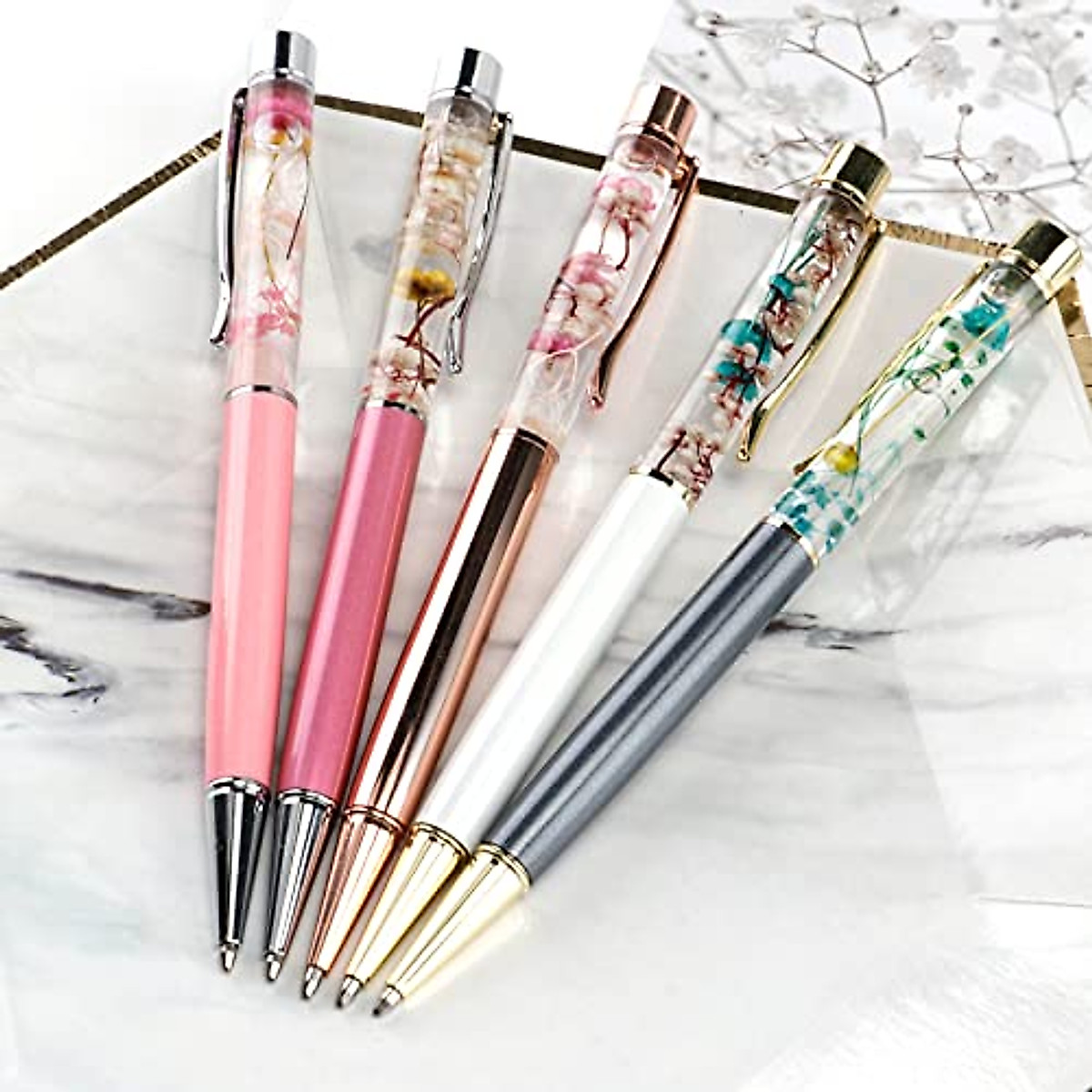 Ubabe Ballpoint Pens, 5pcs Blue Ink Metal Pens Purple/Grey/Rose Gold/White/Pink Cute Pens Liquid Dried Flower Pen for School Supplies Desk Accessories (Blue Ink)