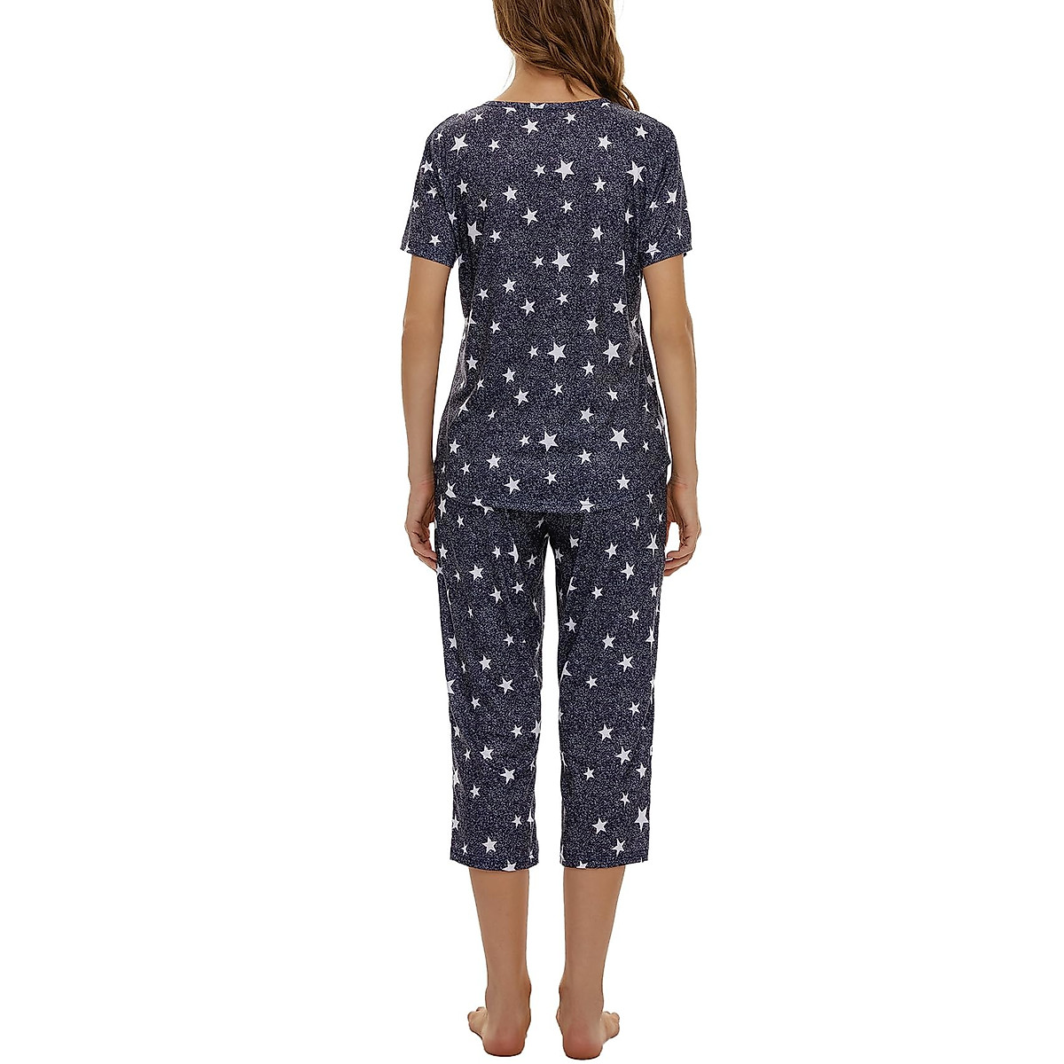 MOYEE Women's Pajama Set Soft Lounge Outfits Short Sleeve Capri Pants with Pockets(#01 Darkgrey Star, Large)