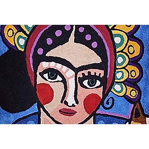 Kashmir Designs Bella Senorita Throw Pillow Cover | Mexican Art Pillow Hand Embroidered | Parrot Pillows | Blue Cat Pillow | Mexican Art Suzani Accent Pillow | Blue Couch Cushions | Wool Size - 18x18