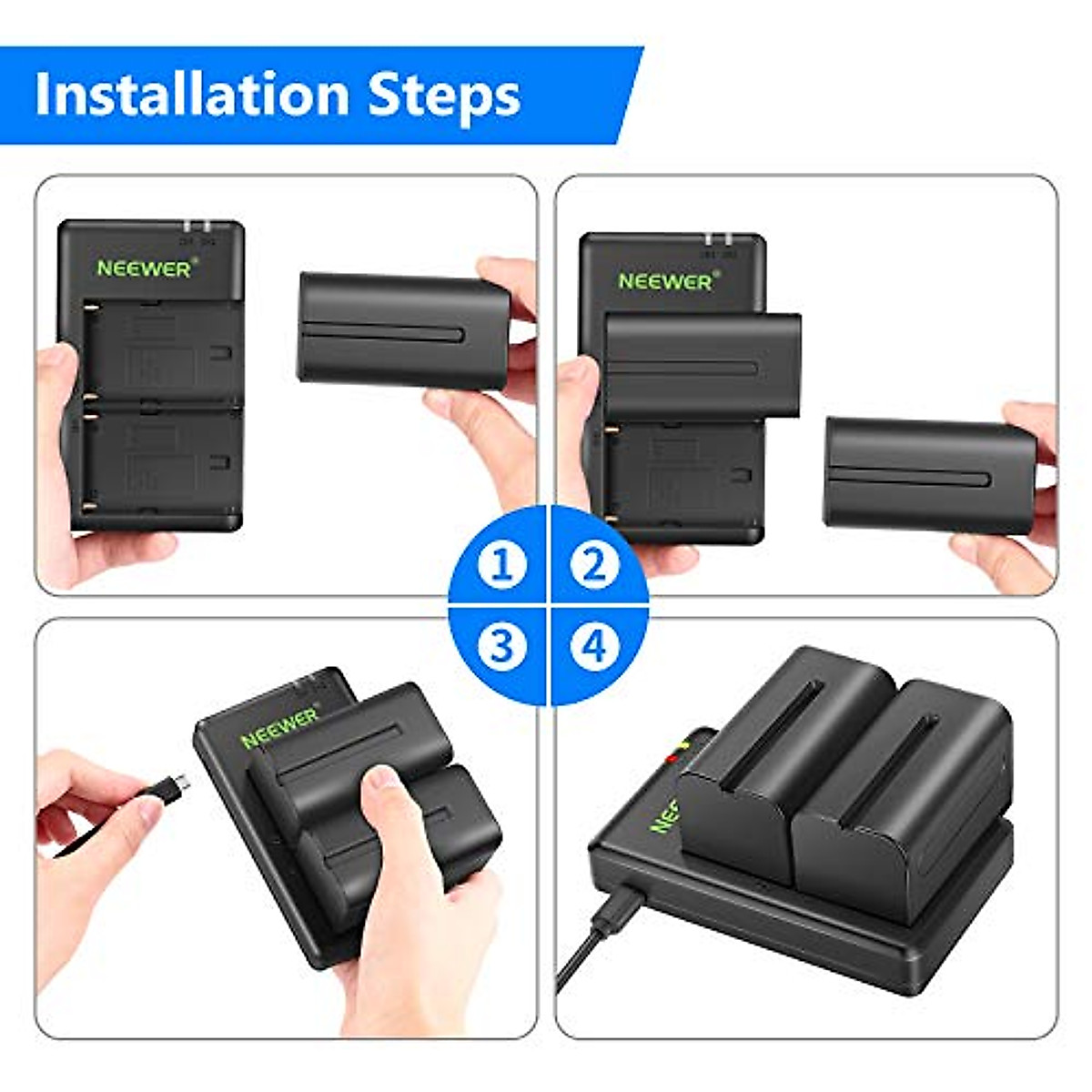 Neewer NP-F750 2-Pack 5600mAh Li-ion Replacement Battery with USB Charger, Compatible with Sony NP-F550 570 750 770 930 950 FM55H FM500H QM71 QM91 QM71D LED Light, Monitor, Motorized Slider