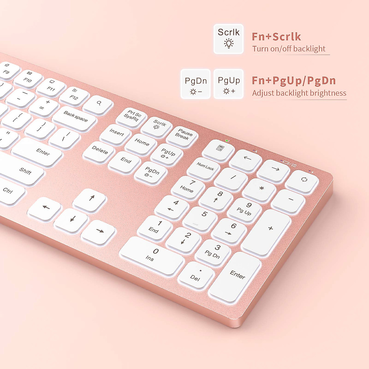 Wireless Keyboard and Mouse Combo with Backlit, Seenda Illuminated Rechargeable Full-Size Keyboard and Mouse for Windows Computer Laptop Desktop (Rose Gold)