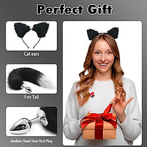 Stainless Steel Anal Butt Plug with Faux Silver Fox Tail and Ear-Anal Stopper Tail Sex Toy for SM Adult Games or Cosplay