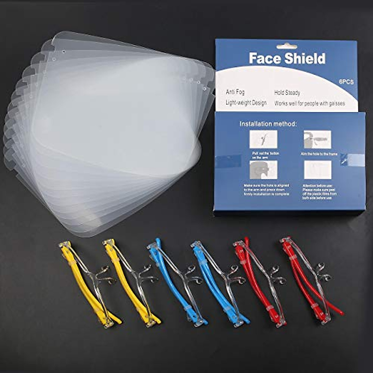 Face Shields Set with 12 Replaceable Anti Fog Shields and 6 Reusable Colored Glasses for Man and Women to Protect Face and Eyes