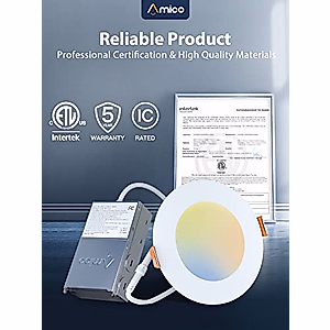 Amico 24 Pack 4 Inch 5CCT Ultra-Thin LED Recessed Ceiling Light with Junction Box, 2700K/3000K/3500K/4000K/5000K Selectable, 10W Eqv 60W, Dimmable Can Light, 800LM High Brightness Downlight - ETL&FCC