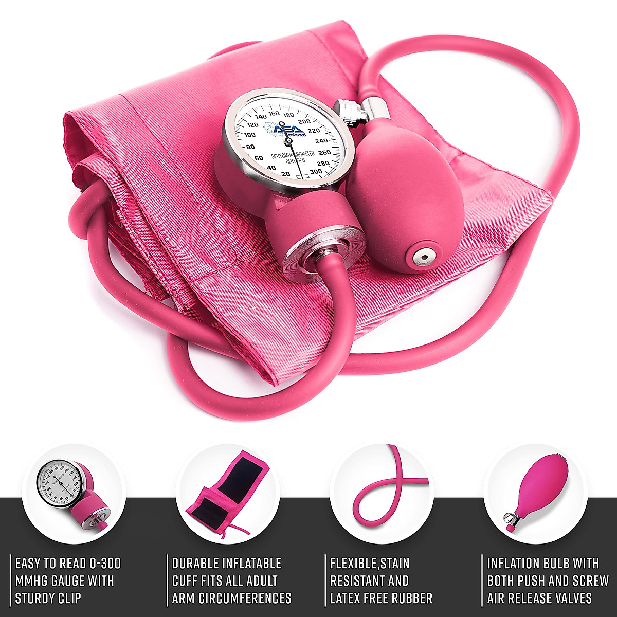 ASA TECHMED Dual Head Sprague Stethoscope and Sphygmomanometer Manual Blood Pressure Cuff Set with Case, Gift for Medical Students, Doctors, Nurses, EMT and Paramedics, Pink