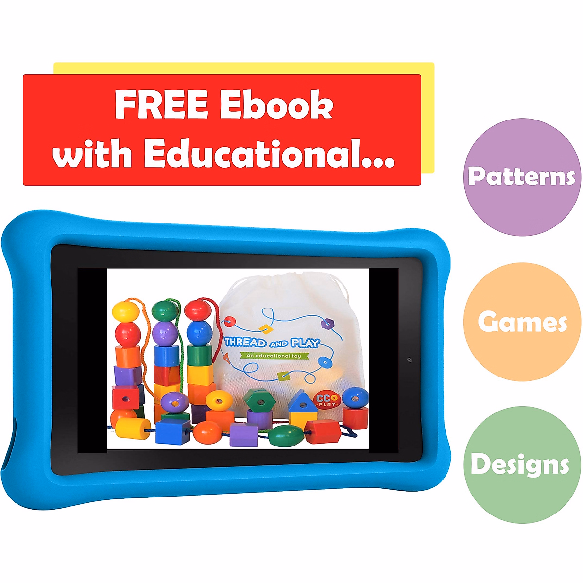 CC O Play Large Lacing Bead Set for Kids - 36 Jumbo Beads & 4 Threads for Toddlers - Montessori Educational Stringing Toy for Preschool Children - Bonus Bag & Ebook with Primary Resources