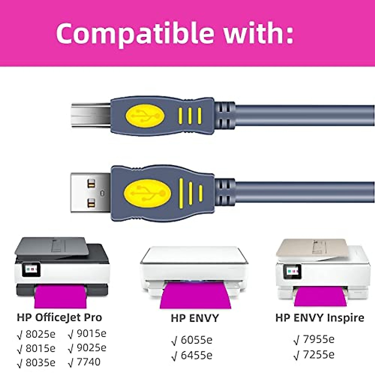 Qjin USB 2.0 Printer Cable for HP OfficeJet Pro 8025e 9015e 8015e, Envy 6055e 6455e, Envy Inspire 7955e 7255e, 10 Feet