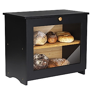 HOMEKOKO Bamboo Double Layer Regular Bread Box, Natural Bamboo Bread Boxes for Kitchen Counter, Bamboo Capacity Food Storage (Black)