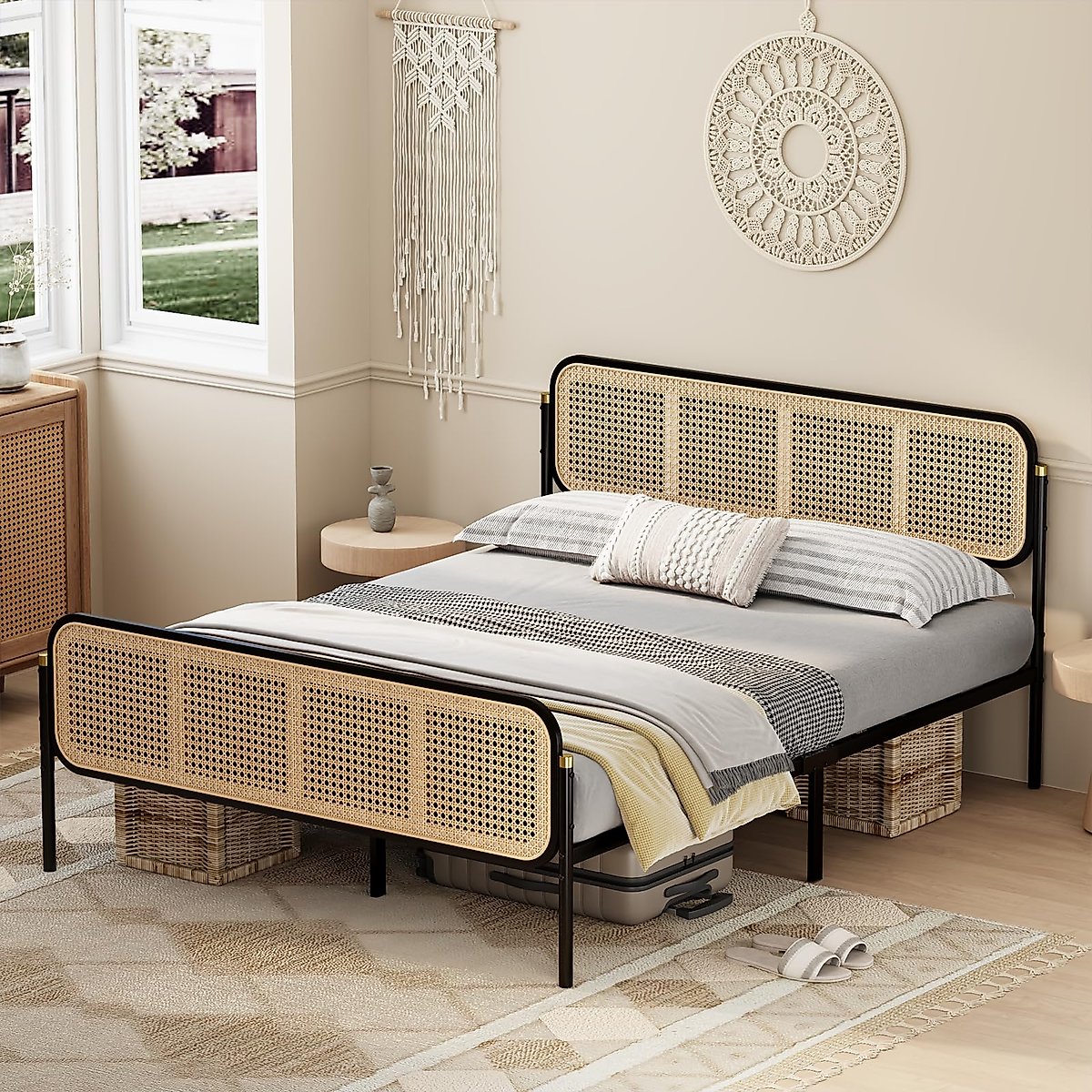 VOPEAK Rattan Bed Frame Full Size with Headboard, Boho Bed Frame, Full Bed Frame with Strong Metal Slats Support, Easy Assembly Mattress Foundation, Noise Free, No Box Spring Needed, Black