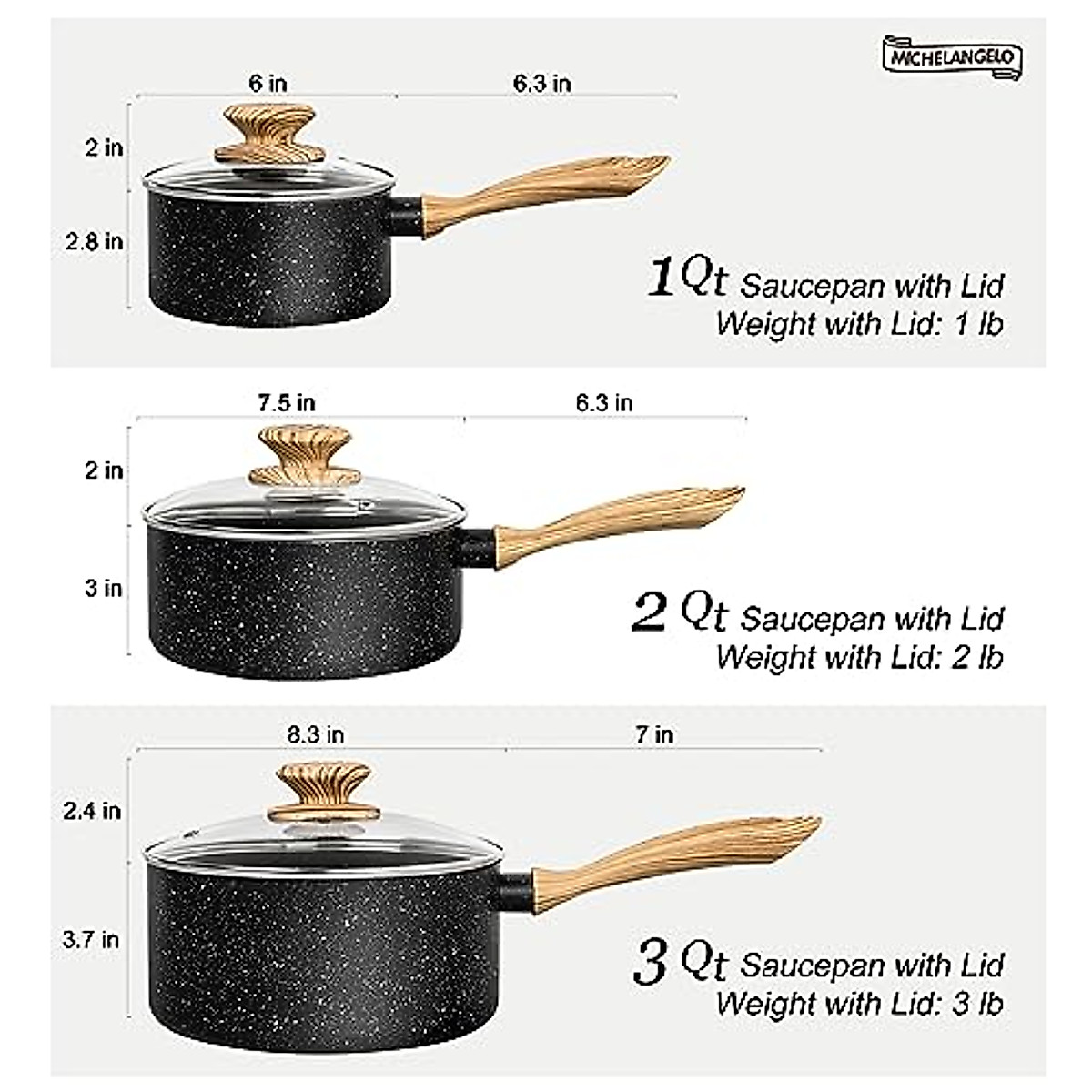 MICHELANGELO Saucepan with Lid, Nonstick 3 Quart Sauce Pan with Granite Coatings, Small Pot with Lid, Stone Sauce Pan 3 Quart, Sauce Pot