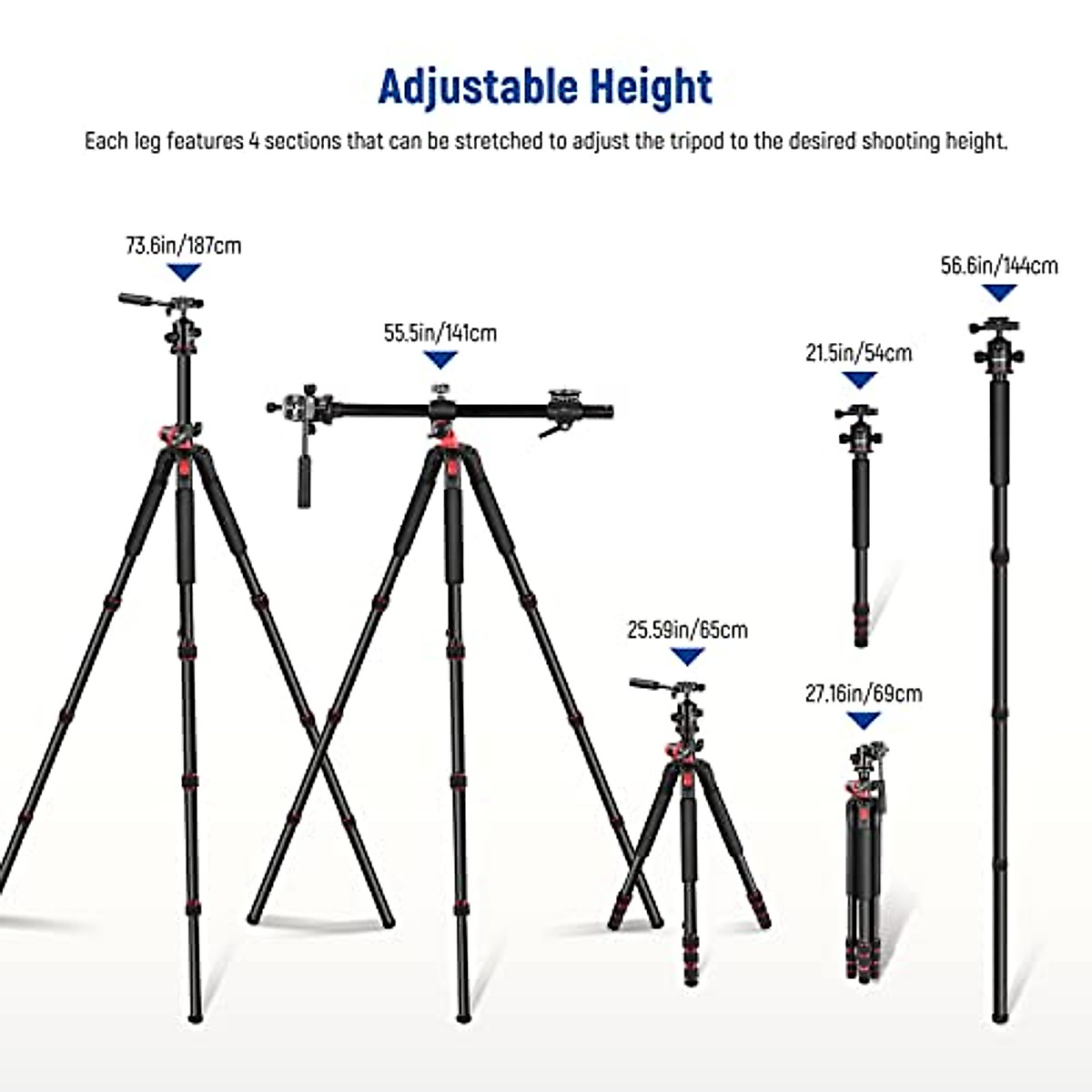 NEEWER 73.6" Horizontal Tripod with Multi Angle Center Column, Ball Head & Central Axis Platform, Heavy Duty Aluminum Camera Tripod Monopod 360° Pan 180° Tilt for Overhead/Macro Shots, Max Load 22lb