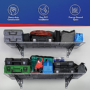 SafeRacks Wall Shelves - 2 Pk 18"x48" Wall Mountable Shelving Unit for Storage Rack, Pantry Shelves, Utility Shelving, Heavy Duty Shelves w/ 4 Versatile Accessory Hooks, 500lbs Capacity, Hammertone