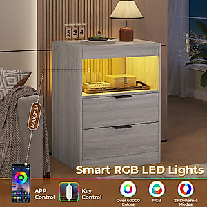 ADORNEVE Nightstand with Wireless Charging Station and LED Lights, Grey Night Stand with 2 Drawers and Open Storage for Bedroom, Bedside Table with Pull-Out Shelf, Modern End Side Table