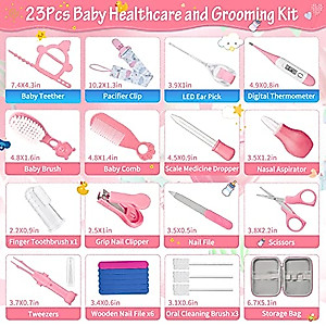 23Pcs Baby Healthcare and Grooming Kit modacraft Baby Safety Set with Baby Hair Brush Nail Clippers Lighting Ear Cleaner Baby Stuff Newborn Essentials for Nursery Newborn Baby Girls Boys Kids Pink