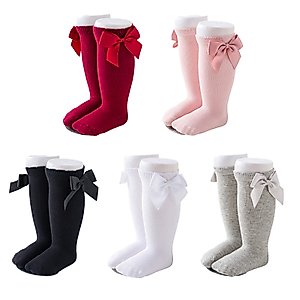 Yeshore Baby Girls Knee High Socks Bow Tube Ruffled Knit Cotton Long Stockings for Infants and Toddlers 5 Pairs (as1, age, 0_month, 12_months, White,Black,Grey,Wine Red,Pink)