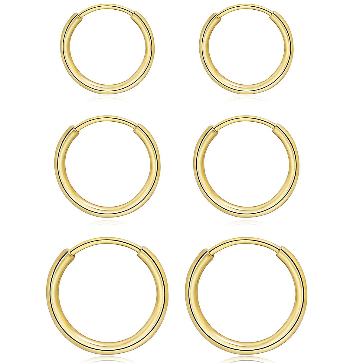 Sweetkiki Small Gold Hoop Earrings Set: 3 Pairs Cartilage Hoop Earring 316L Surgical Steel Tiny Endless Hoop Earrings Helix Earring for Women (Endless Hoops-14K Gold- 8mm 10mm 12mm)