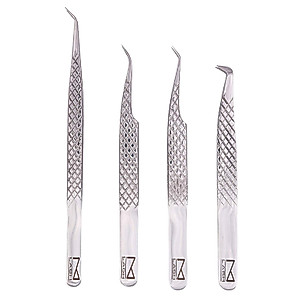M LASH Tweezers for Eyelash Extensions (Set of 4) - Professional Lash Extension Tweezers - Fiber Tip, Japanese Steel, Diamond Grip Eyelash Extension Tweezer (Silver)