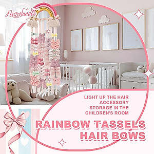 NICROLANDEE Rainbow Tassels Hair Bows Holder Hanging - Baby Hair Accessories Storage Headband Holder Hair Clips Organizer Wall Hanger Decor for Baby Girls Room Ornament (Pink Yellow)