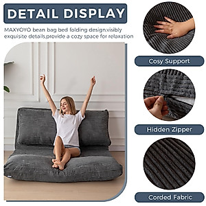MAXYOYO Bean Bag Bed Folding Sofa Bed Floor Mattress for Adults, Extra Thick and Long Floor Sofa with Corded Washable Cover, Dark Grey, 30x95 Inch