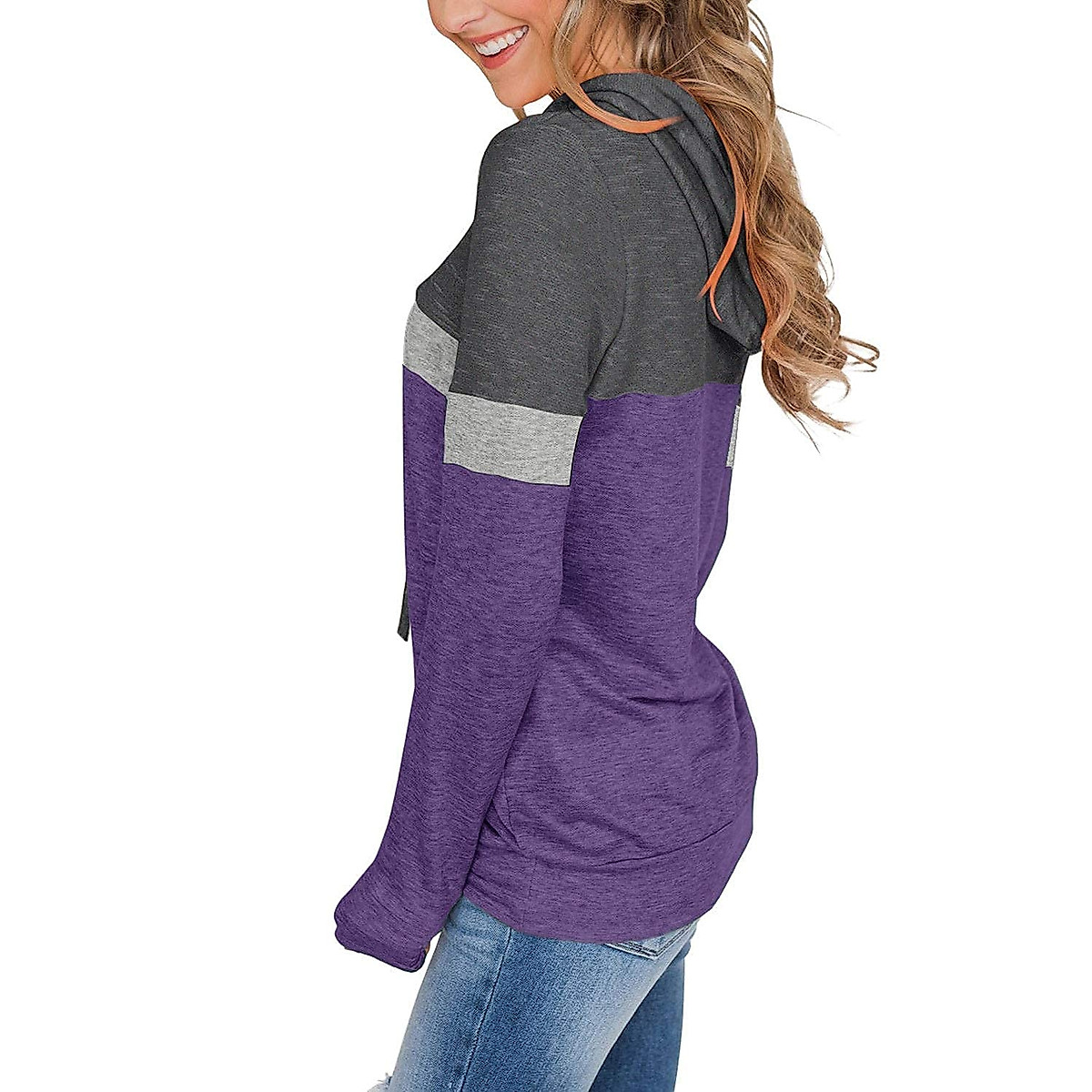 Womens Tops Ladies Tunics Casual Shirts Long Sleeve Hoodie Pullover Blouses Loose Fitting Tees Fashion Clothing Sweatshirts, Graypurple, Large