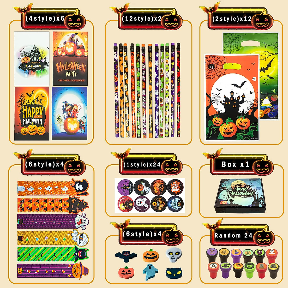 Keenvark 168 PCS Halloween Party Favors,24 Pack Stationery Supplies Set, Halloween Treats for Kids, Halloween Goodie Bag Fillers including Pencils,Erasers,Rulers,Stickers,Stamps,Notepads and Gift Bags
