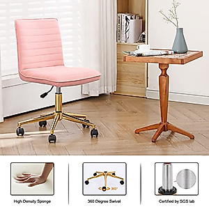 Furnimart Modern Armless Desk Chair Pink Cute Vanity Velvet Upholstered Office Chair Teen Girl Dorm Chair Mid-Back Home Office Chair Swivel Adjustable Small Chair Soft Seat (Velvet-Pink)