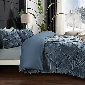 CAROMIO Velvet Duvet Cover Queen Size - Luxury Pinch Pleated Duvet Cover Bedding Set Soft Pintuck Velvet Comforter Cover Set with Corner Ties and Button Closure, Blue, 90"x90"