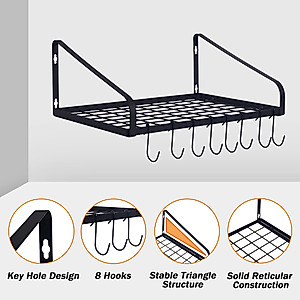 ZHOHO TANT Hanging Pot Rack Pot Pan Rack Wall Mounted Pan and Pot Hanger with 8 Hooks for Kitchen Cookware Utensils 2 DIY Methods Black Steel Pan and Pot Hanging Organizer