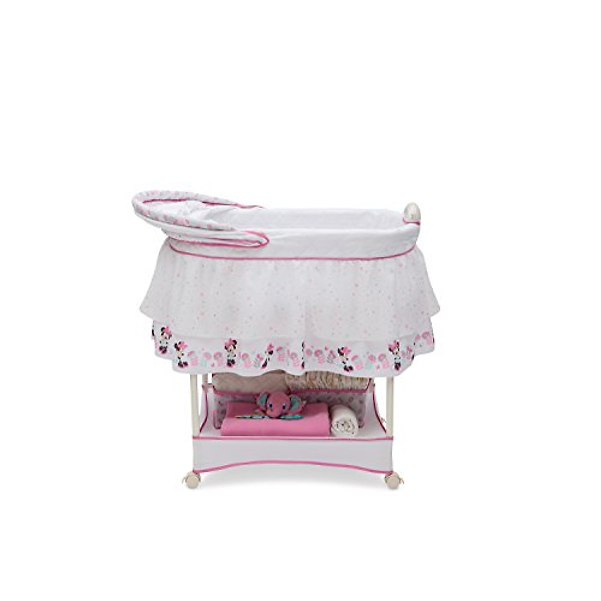 Delta Children Gliding Bedside Bassinet - Portable Crib with Lights, Sounds and Vibration, Disney Minnie Mouse Boutique
