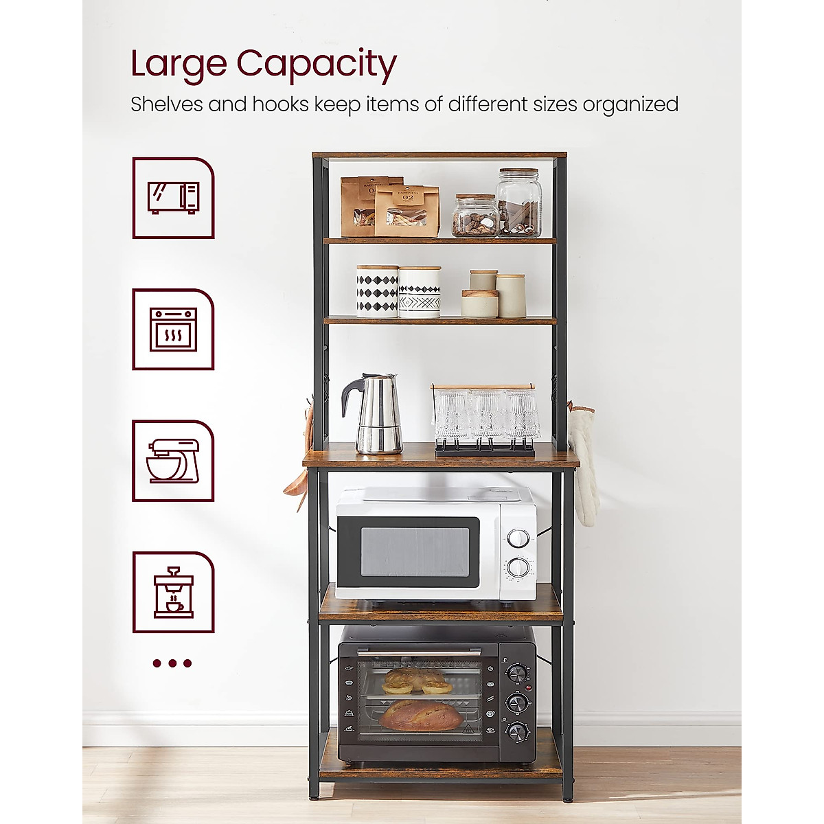 VASAGLE Coffee Bar, Baker’s Rack for Kitchen with Storage, 6-Tier Kitchen Shelves with 6 Hooks, Microwave Stand, Industrial, 15.7 x 23.6 x 65.7 Inches, Rustic Brown and Black UKKS024B01