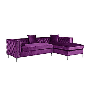 Iconic Home Da Vinci Velvet Modern Contemporary Button Tufted with Silver Nailhead Trim Silvertone Metal Y-Leg Right Facing Sectional Sofa, Purple