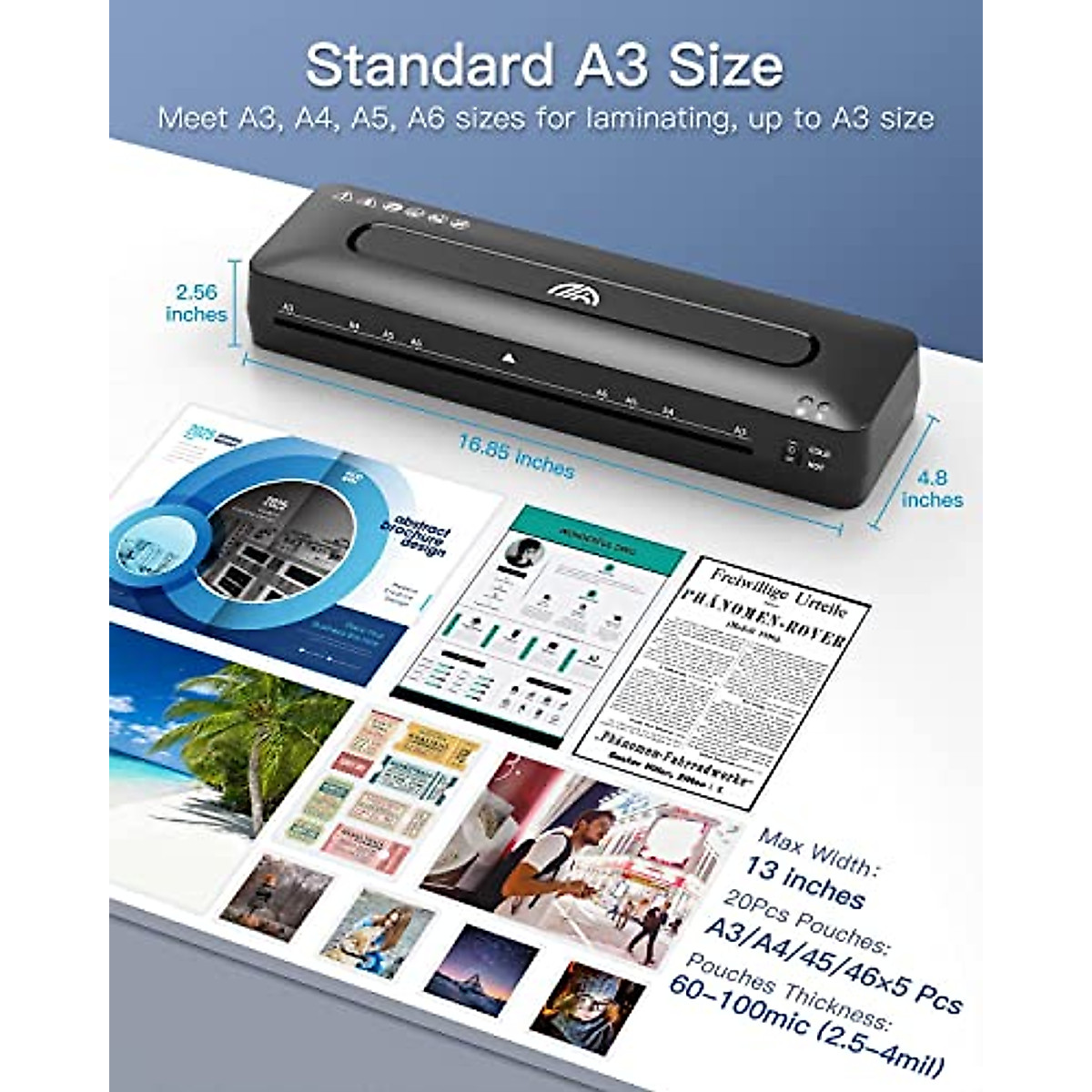 Laminator Machine A3 Laminating Machine - 13 Inches Cold and Thermal Laminator with 30 Laminating Sheets, 5-in-1 Lamination Machine with Paper Trimmer and Corner Rounder for Home Office School Use