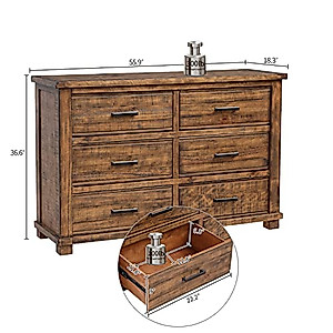 Knocbel Farmhouse 6-Drawer Dresser with Antique Metal Handles, Reclaimed Pine Wood Double Chest of Drawers, Fully Assembled, 56" L x 18.3" W x 36.6" H (Natural)