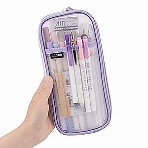 EASTHILL Grid Mesh Pen Pencil Case with Zipper Clear Makeup Color Pouch Cosmetics Bag Multi-Purpose Travel School Teen Girls Transparent Stationary Bag Office Organizer Box for Adluts(Purple)