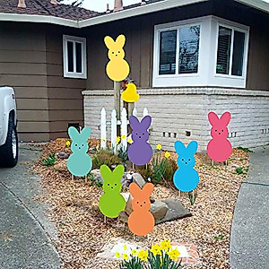 Easter Yard Signs Peeps Bunny Cutouts Easter Outdoor Decorations Easter Yard Stakes Bunny Party Spring Patio Lawn Decorations Set of 7